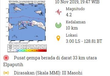Gempa Hari Ini Magnitudo 4,2 Guncang Elpaputih Seram Bagian Barat Maluku