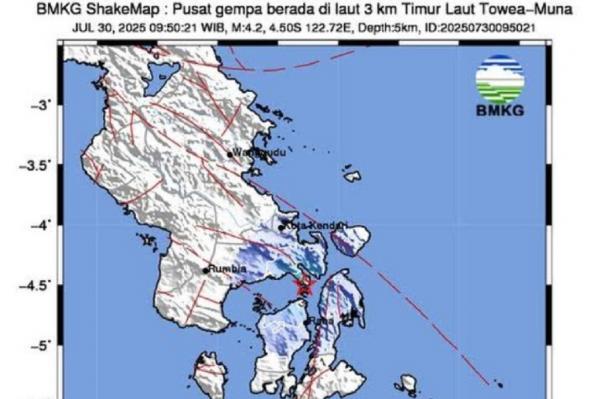 Gempa Terkini M4,2 Guncang Muna, Getaran Terasa hingga Konawe Selatan