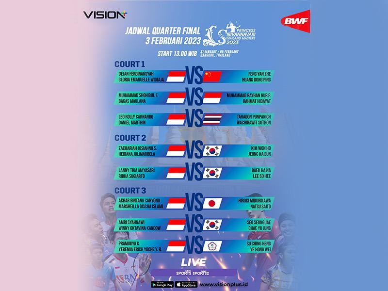 Ini Jadwal BWF Thailand Masters 2023 Jumat 3 Februari 2023, Nonton di ... Ini Jadwal BWF Thailand Masters 2023 Jumat 3 Februari 2023, Nonton di ...