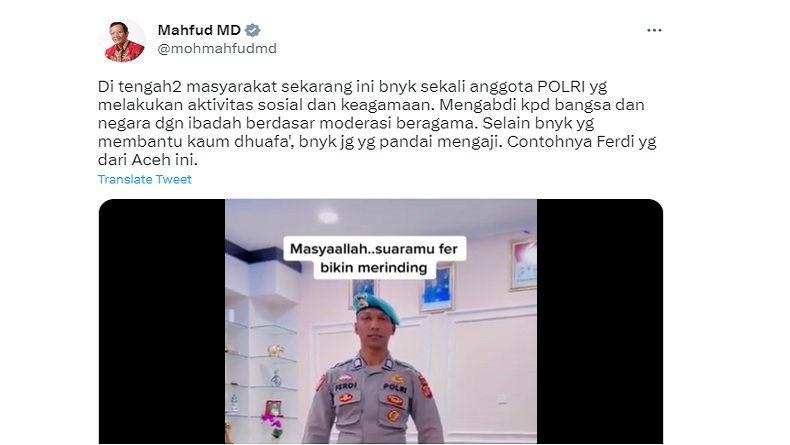 Viral Suara Merdu Mengaji Polisi asal Aceh, Mahfud MD sampai Beri Pujian