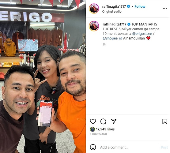 Tak Sampai 10 Menit, Shopee Live Erigo bersama Raffi Ahmad Kantongi Omzet Rp5 Miliar