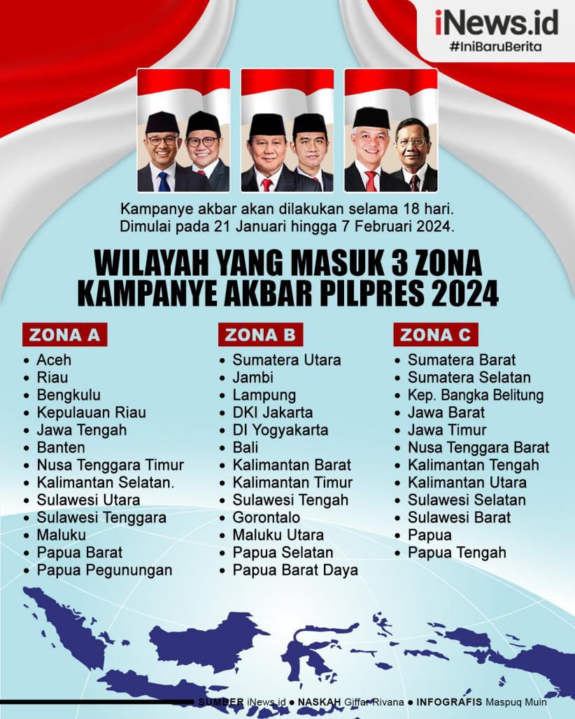 Infografis Daftar Wilayah yang Masuk 3 Zona Kampanye Akbar Pilpres 2024