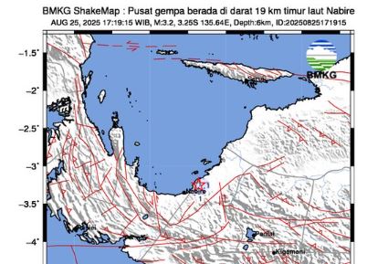Pusat Gempa Terkini 2 Menit yang Lalu M 3,2 Guncang Nabire Papua